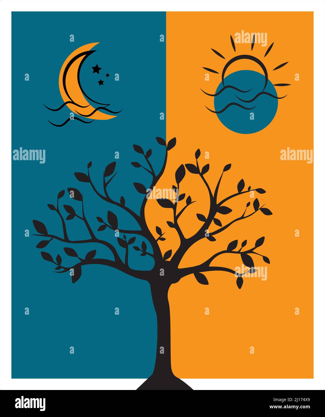 Tree illustration at night and day, vector. Tree silhouette one half on ...
