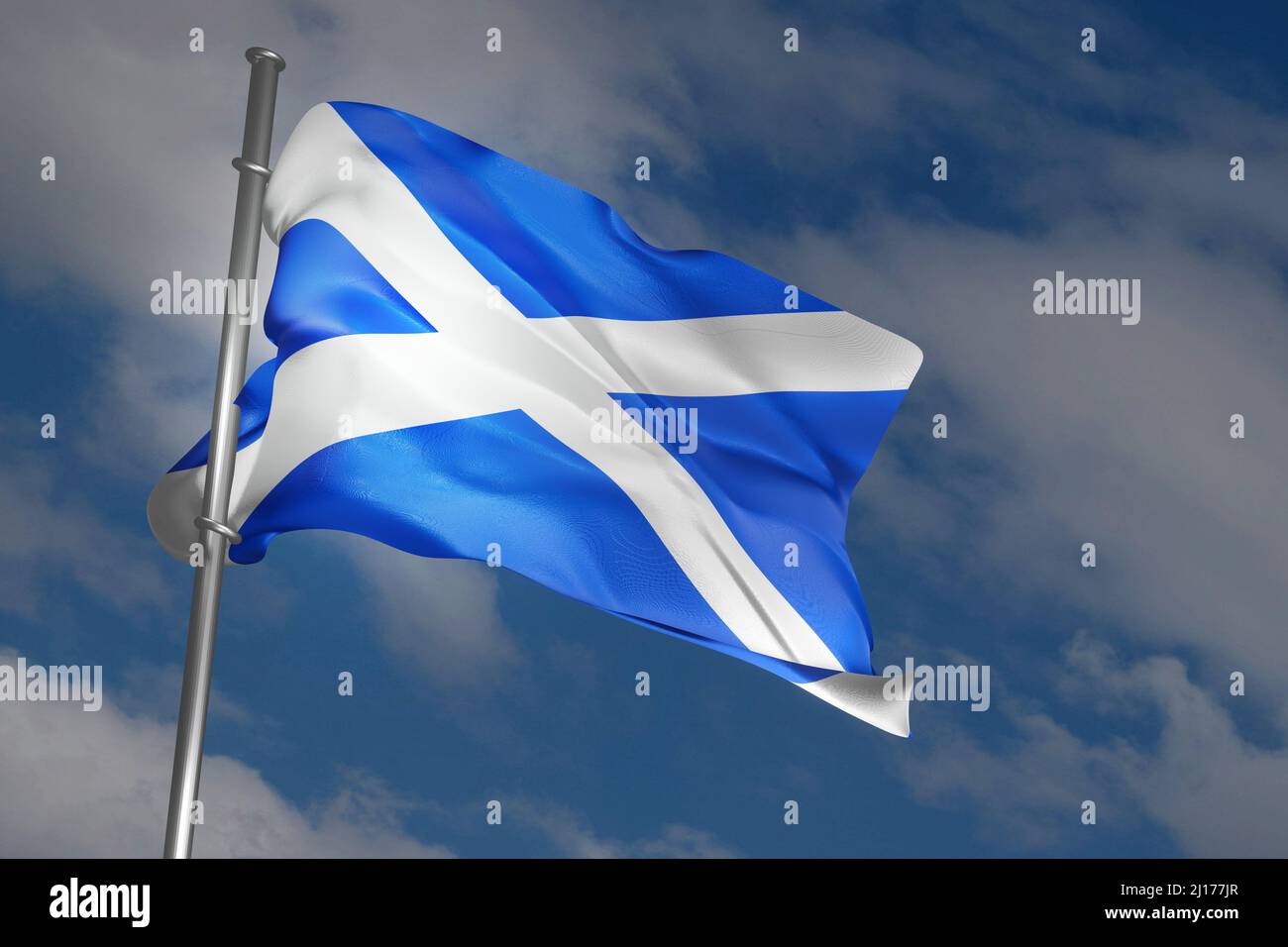 Scotland flag. Scottish flag Saltire waving on blue sky background. 3D ...