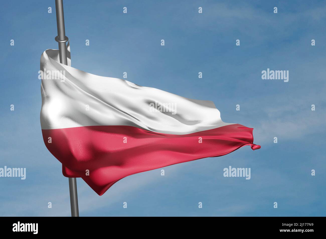 Flag of Poland. Polish flag waving on blue sky background. 3D render ...