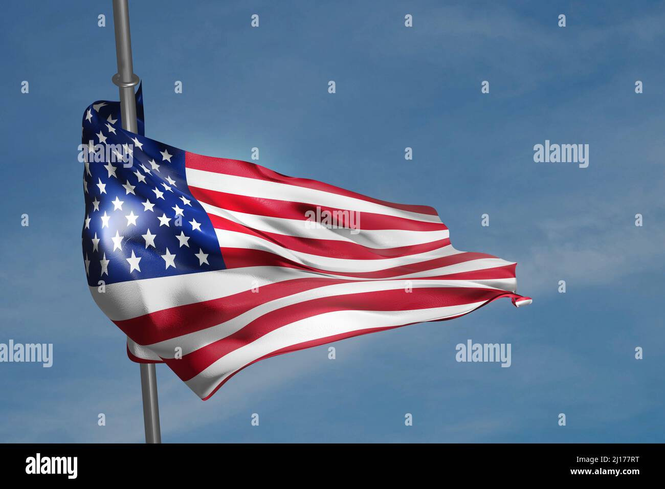 American flag waving on blue sky background. 3D render illustration ...