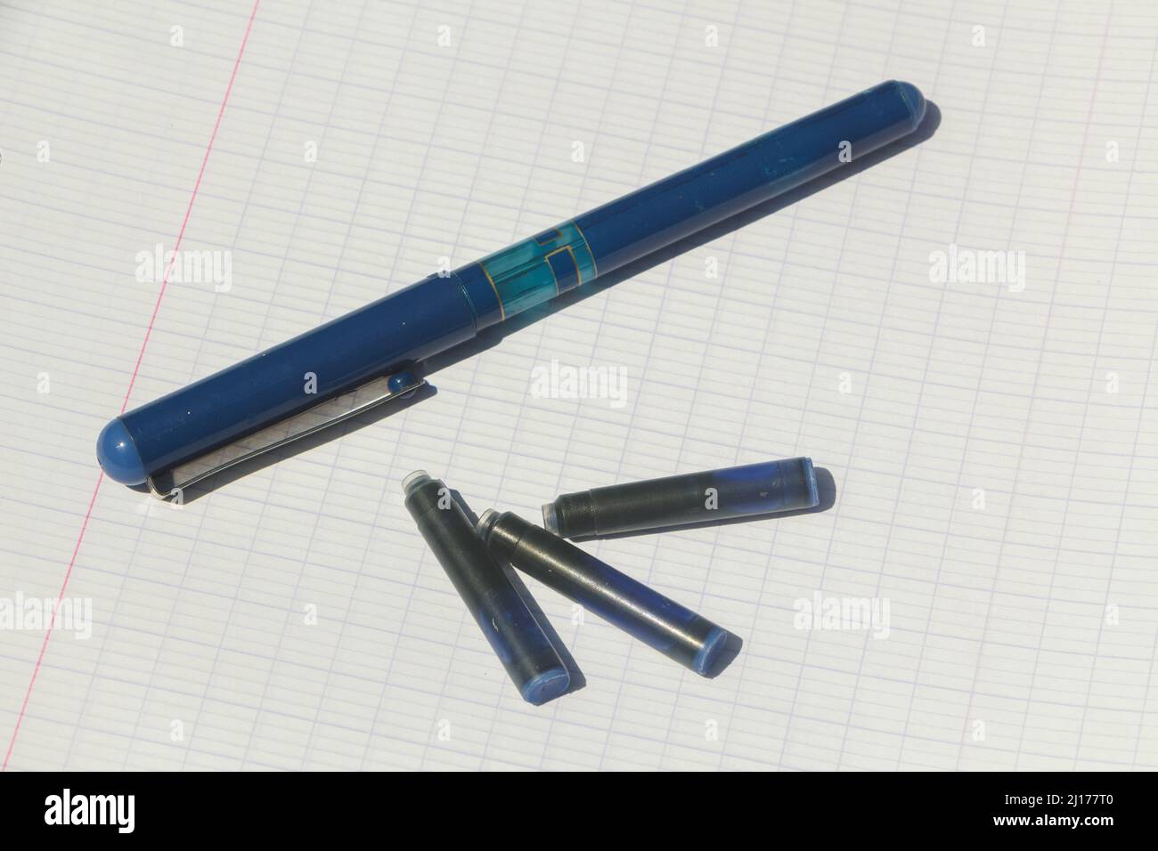 School supplies, pen, blue ink cartridge and lined paper sheet Stock ...