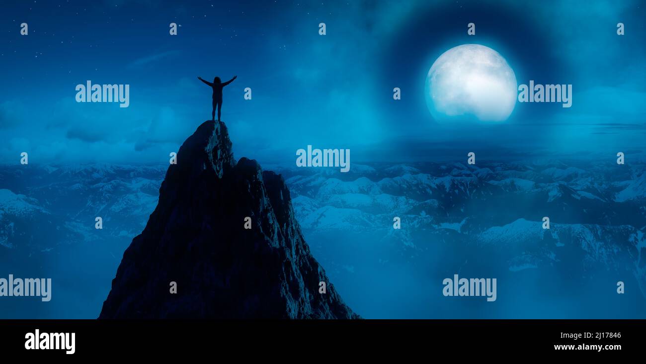 Magical night scene in nature. Mountain landscape with big moon in sky ...