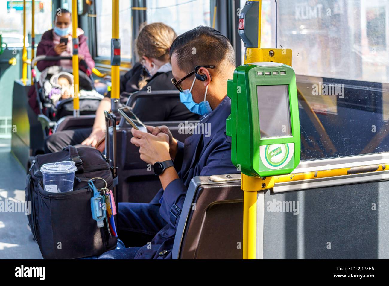 A man wearing a face mask travels on a TTC bus. He is checking his ...