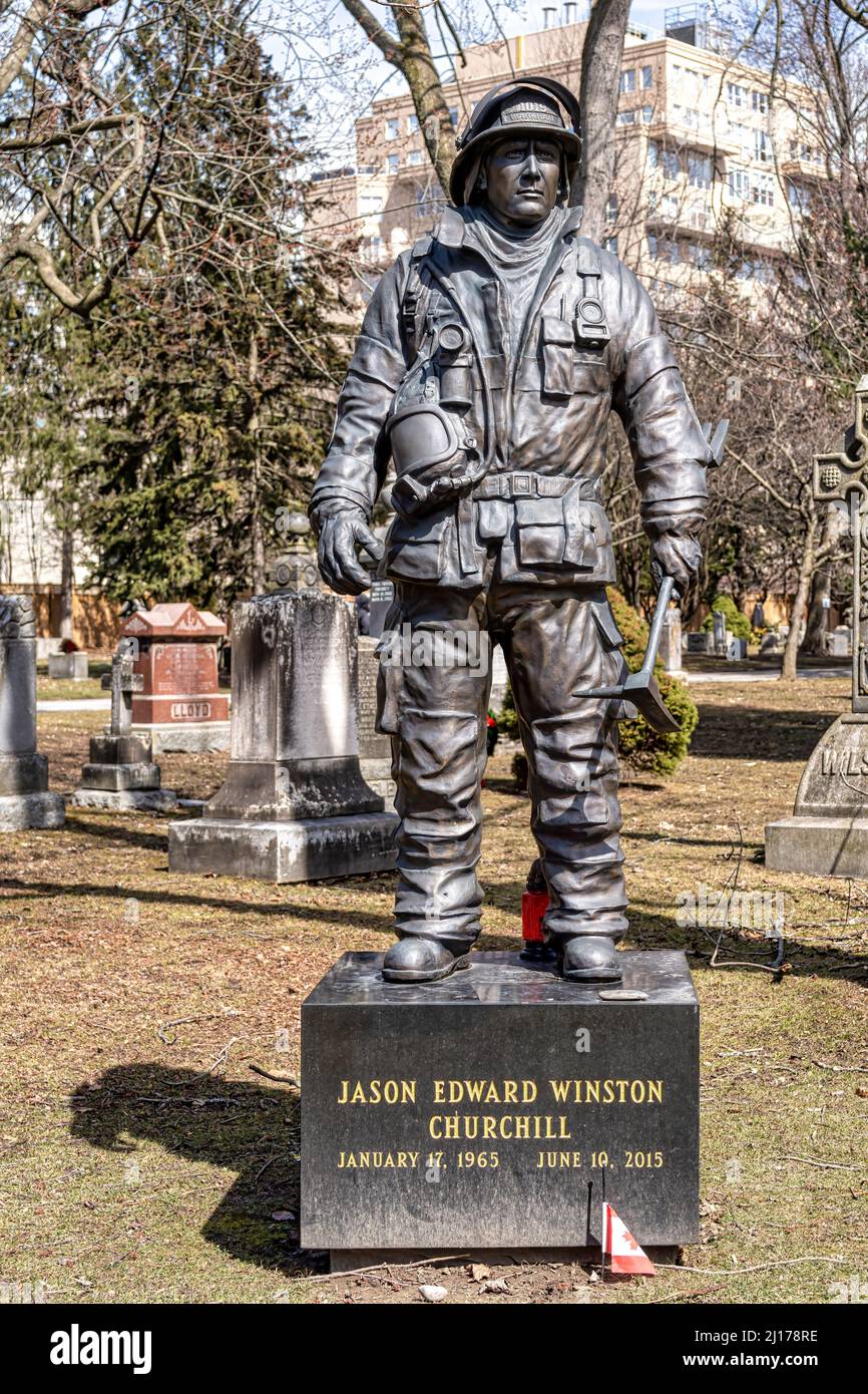 Mount Pleasant cemetery. Sculpture of a fireman on top of the tomb for ...