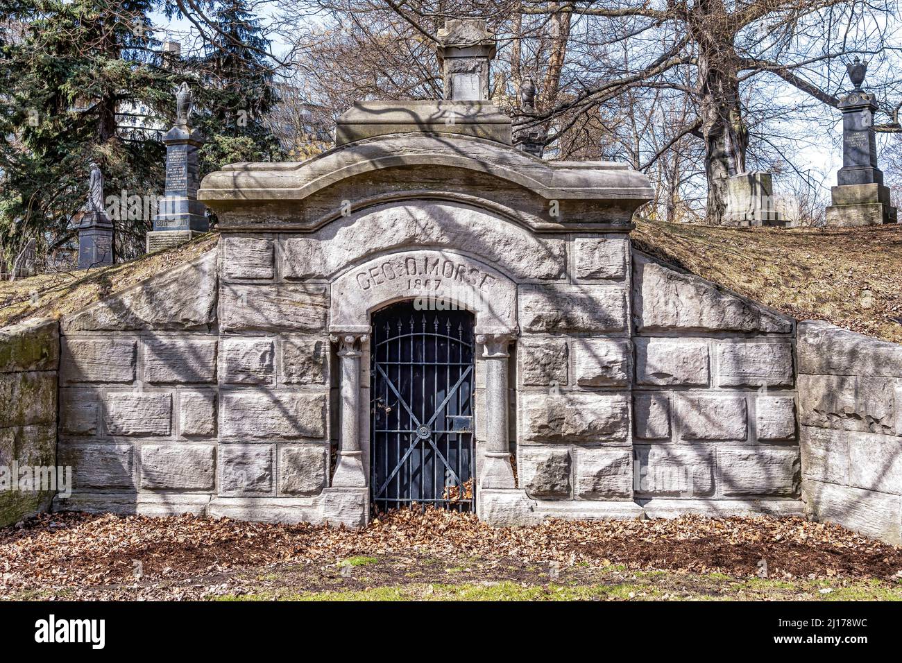 Mount Pleasant cemetery. Front view of a burial vault in the end days ...