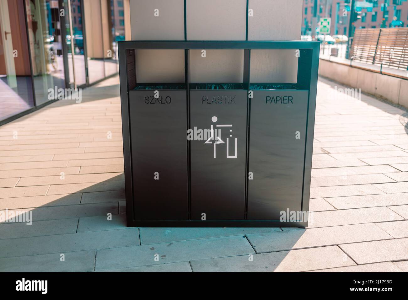 recycling and garbage concept. Modern trash container for metal, glass ...