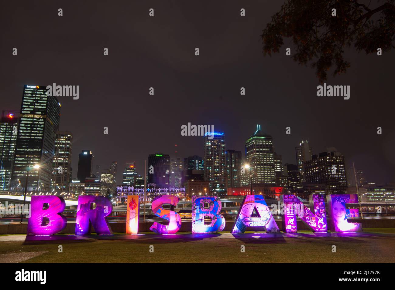 Brisbane Australia - April 27 2016; City skyline lights at night beyond ...