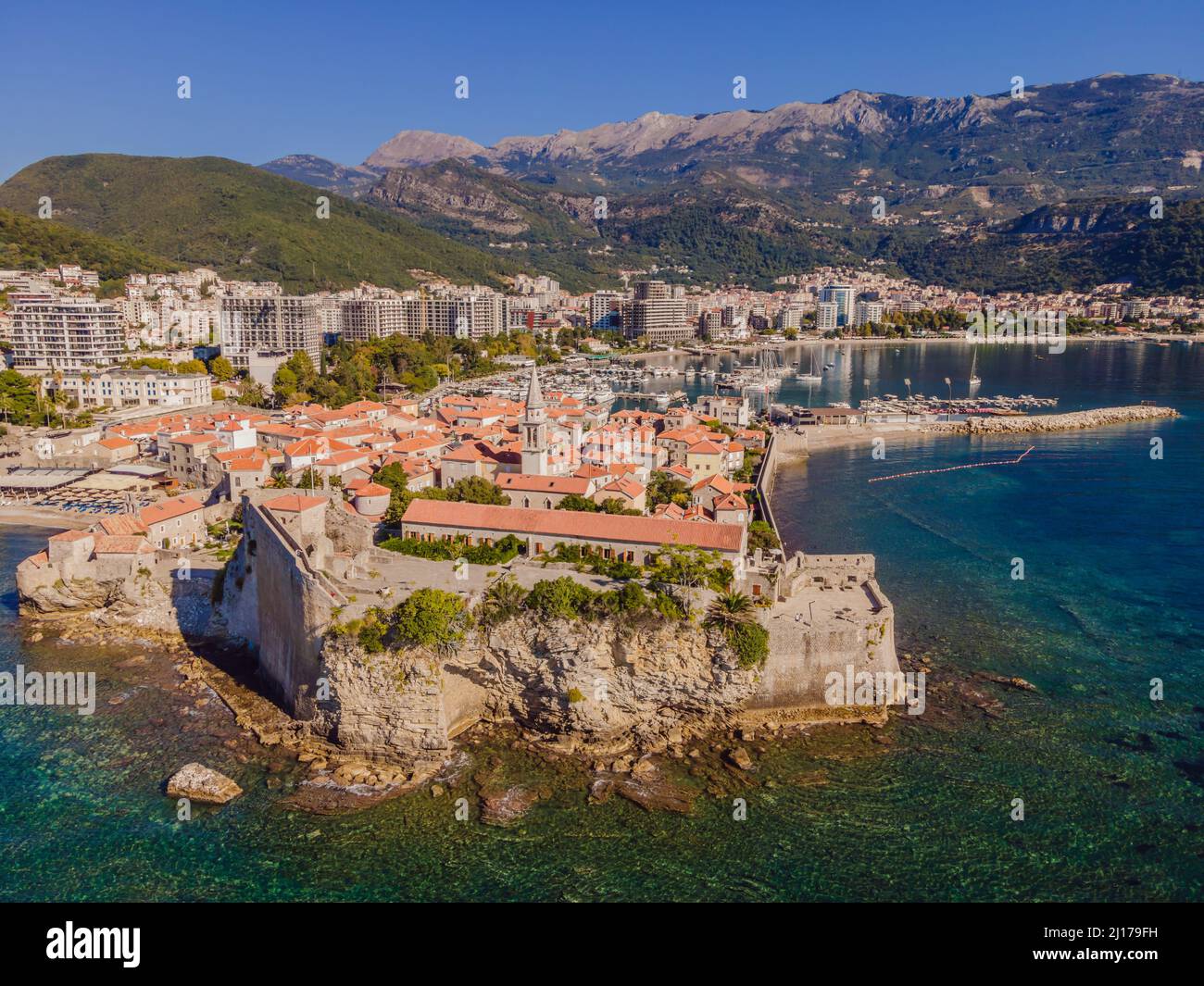 Old town in Budva in a beautiful summer day, Montenegro. Aerial image ...