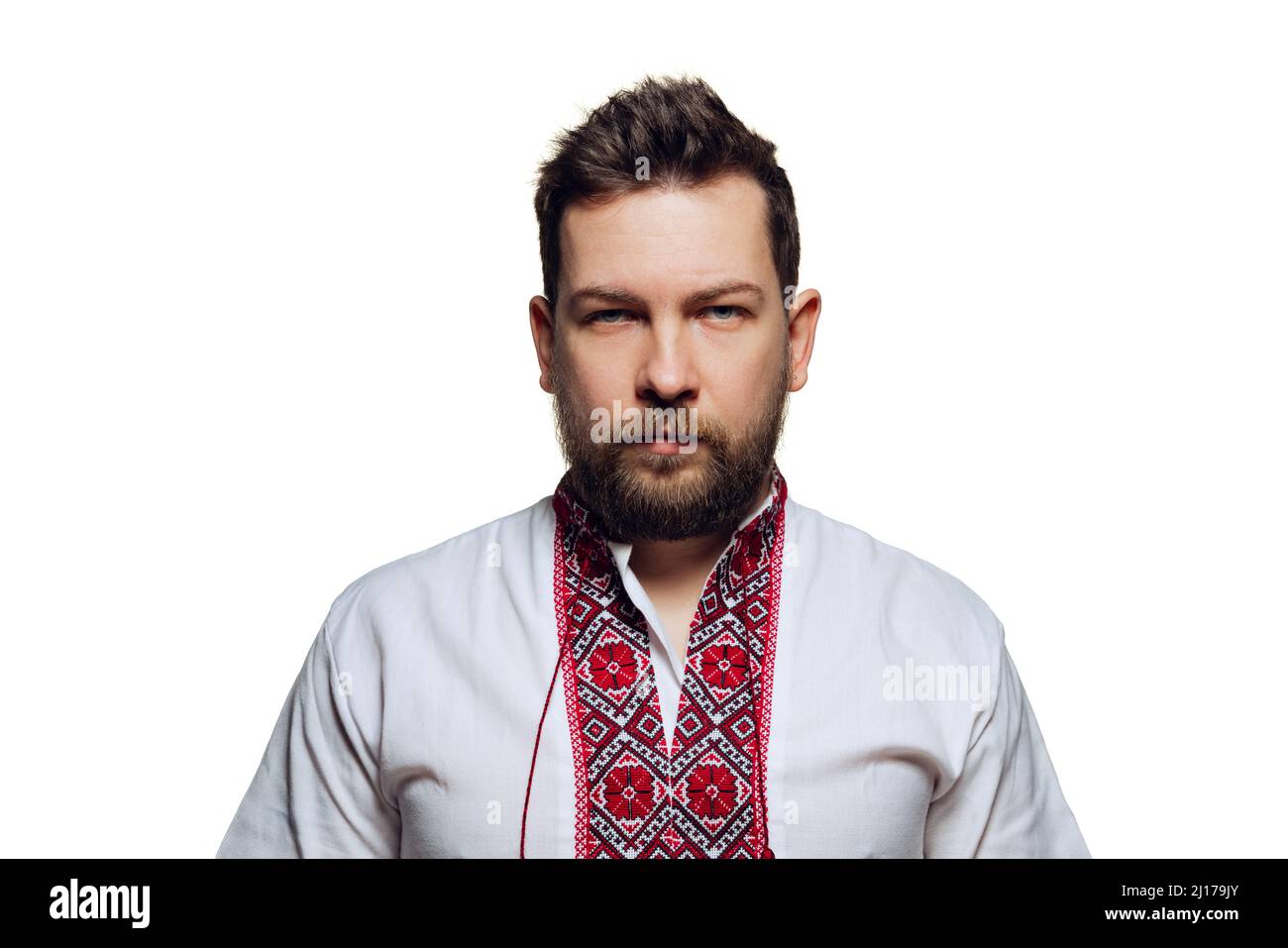 Half-length portrait of seriously looking man wearing ukrainian ...