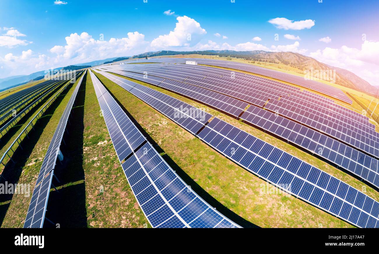 Solar panels on sunny day aerial top view, power farm producing clean ...