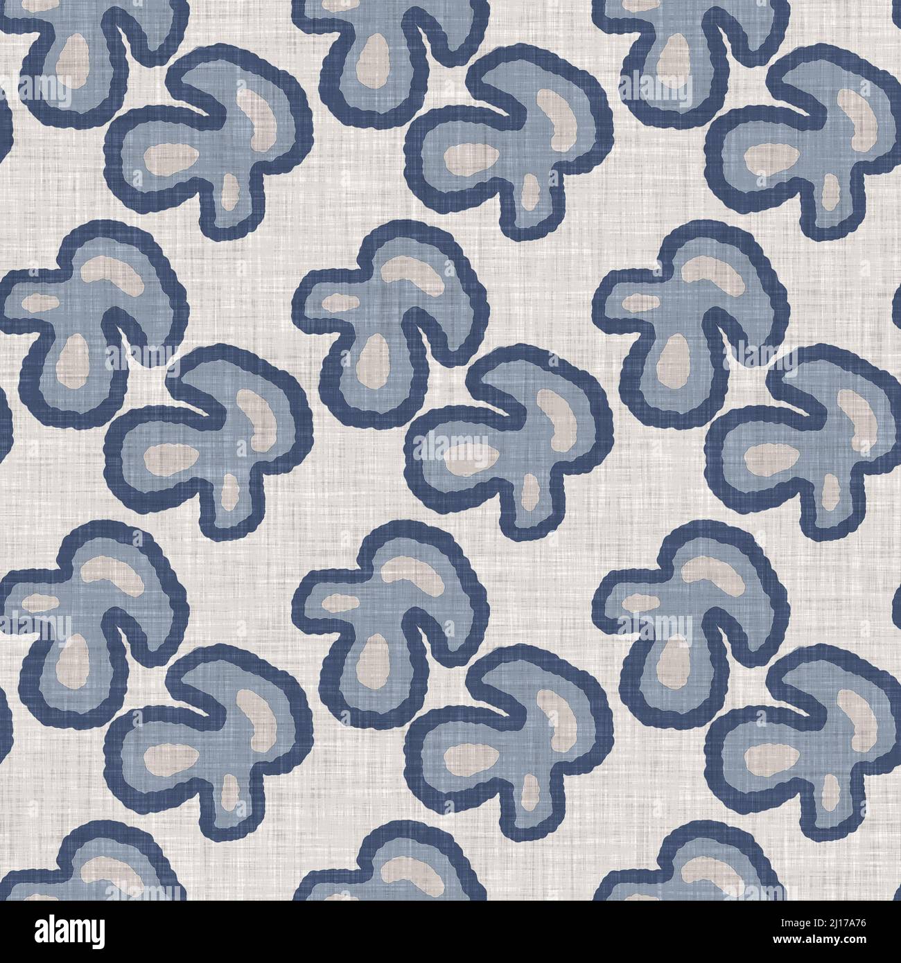 French blue doodle motif linen seamless pattern. Tonal country cottage ...
