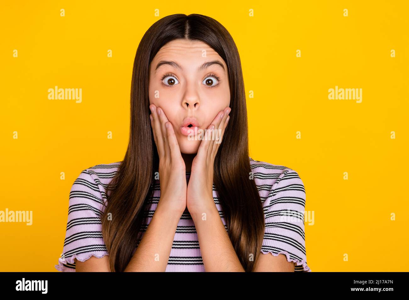 Portrait of attractive funny impressed girl sudden news reaction pout ...