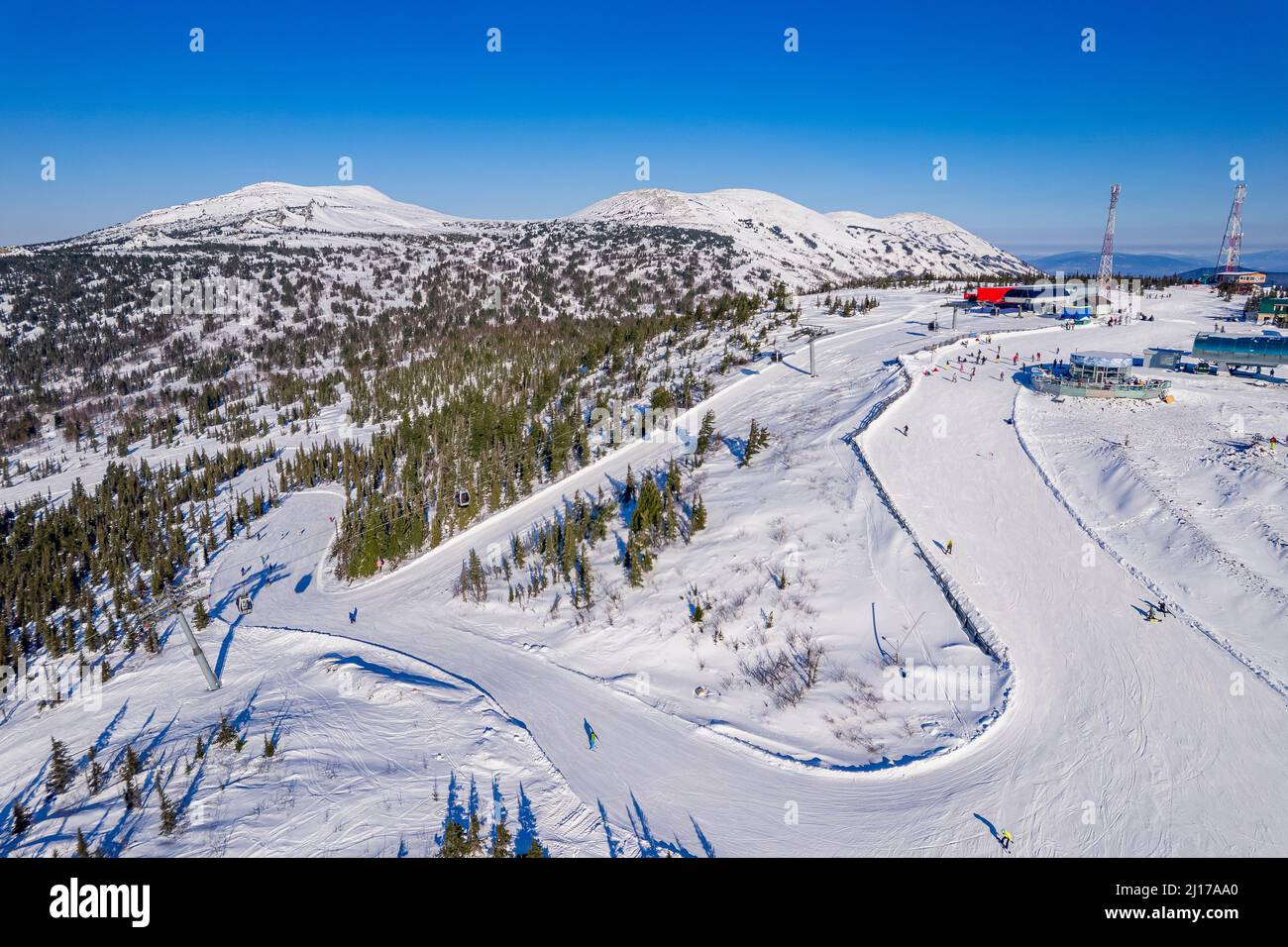 Aerial top view landscape Sheregesh ski lift resort winter, mountain ...