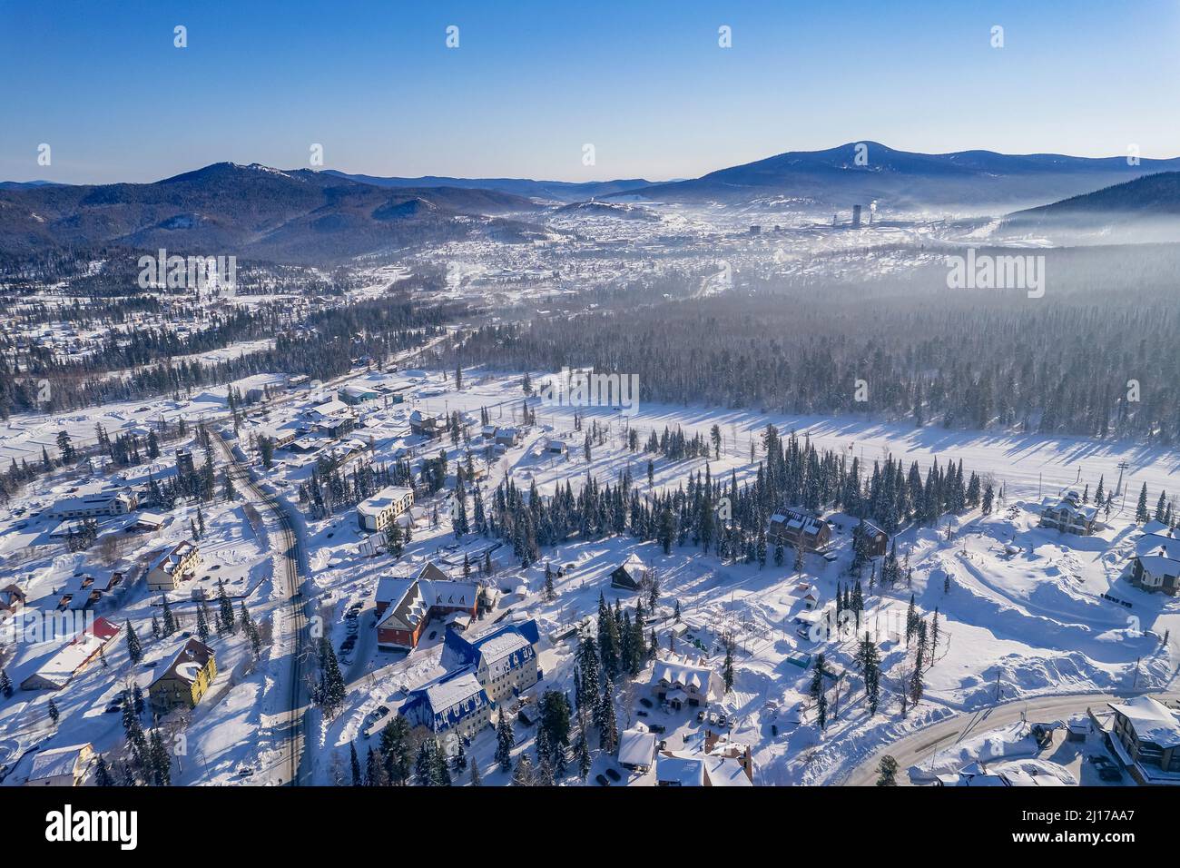 Aerial top view Sheregesh ski lift resort winter, landscape mountain ...
