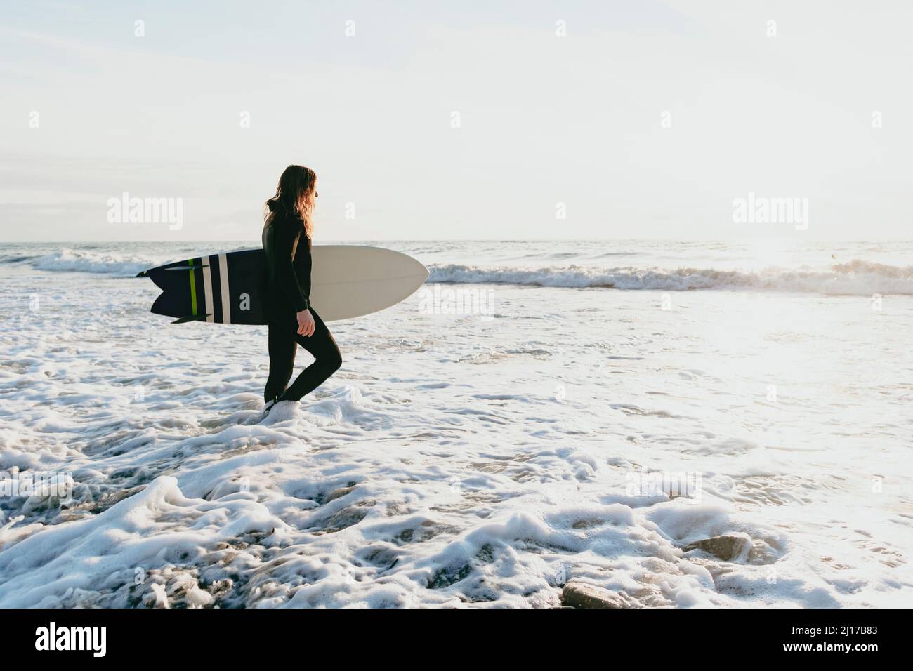 Surfer with surfboard walking in water on beach Stock Photo - Alamy