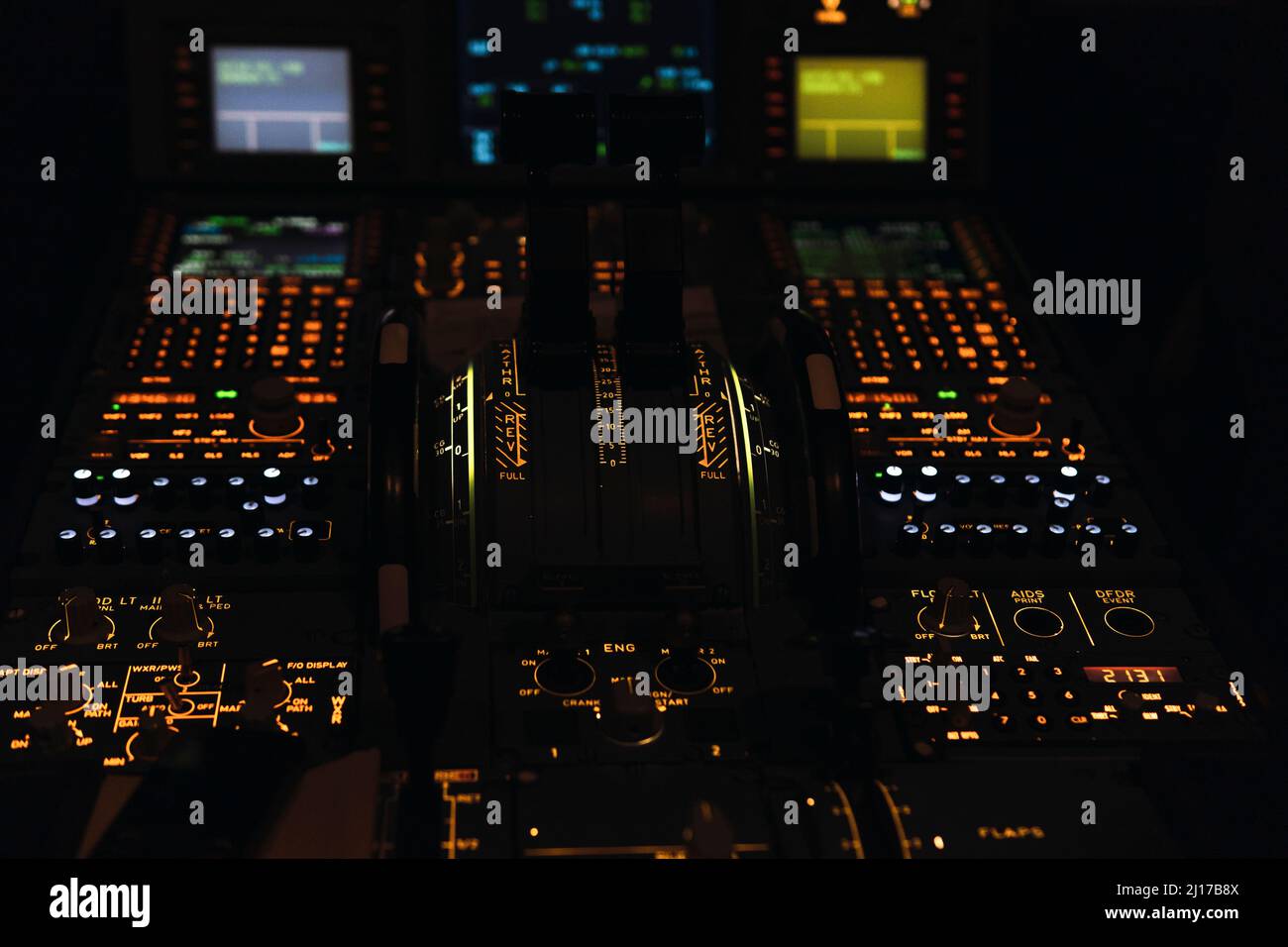 Push buttons on control panel in illuminated cockpit Stock Photo - Alamy