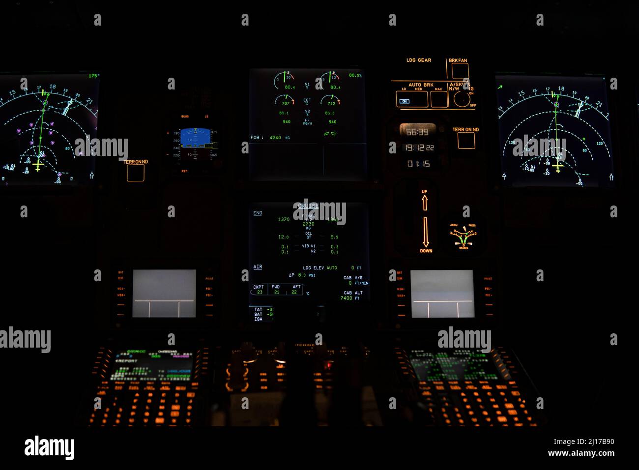 Illuminated speedometers on illuminated control panel in cockpit Stock ...