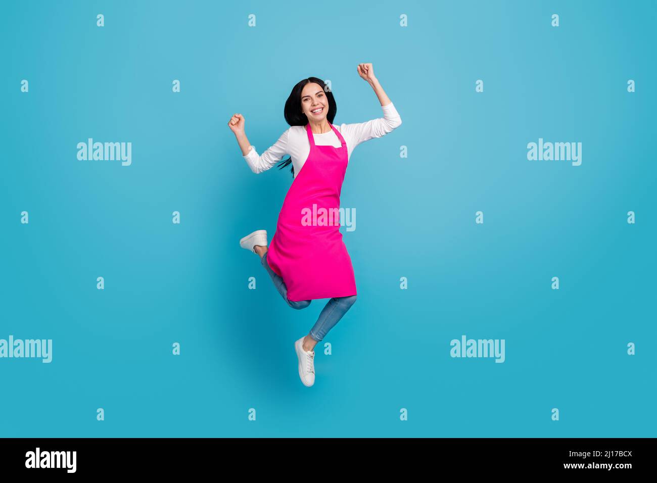 Full length body size view of attractive cheerful girl expert jumping ...