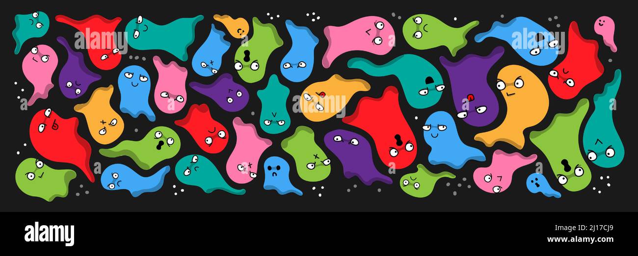 Vector set of multi colored shapes, ghosts on dark background. Funny ...