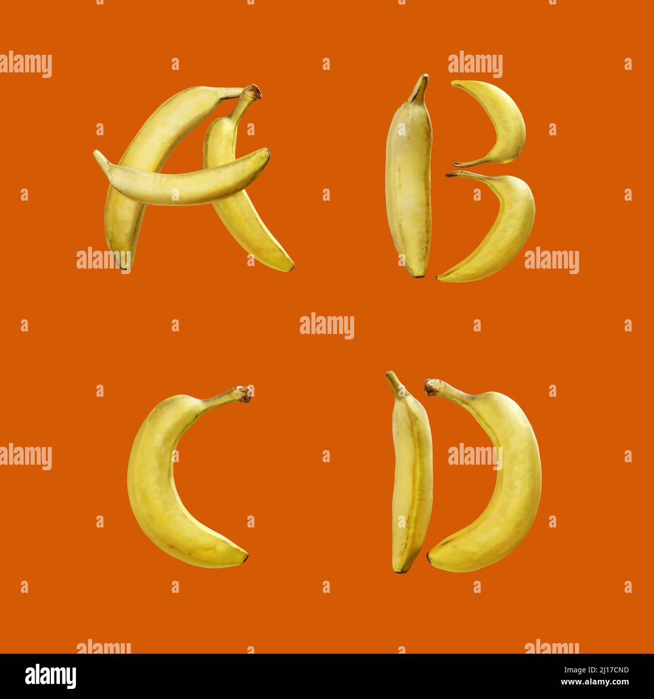 3D rendering of banana fruit capital letters alphabet - letters A-D ...