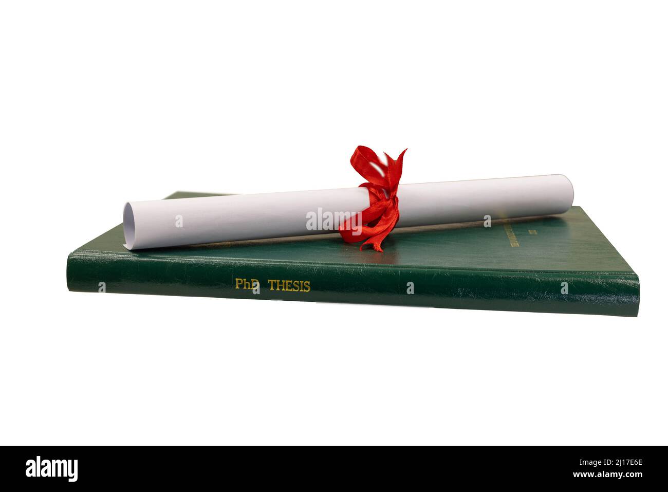 a PhD thesis of green cover with a diploma or certificate, isolated on ...