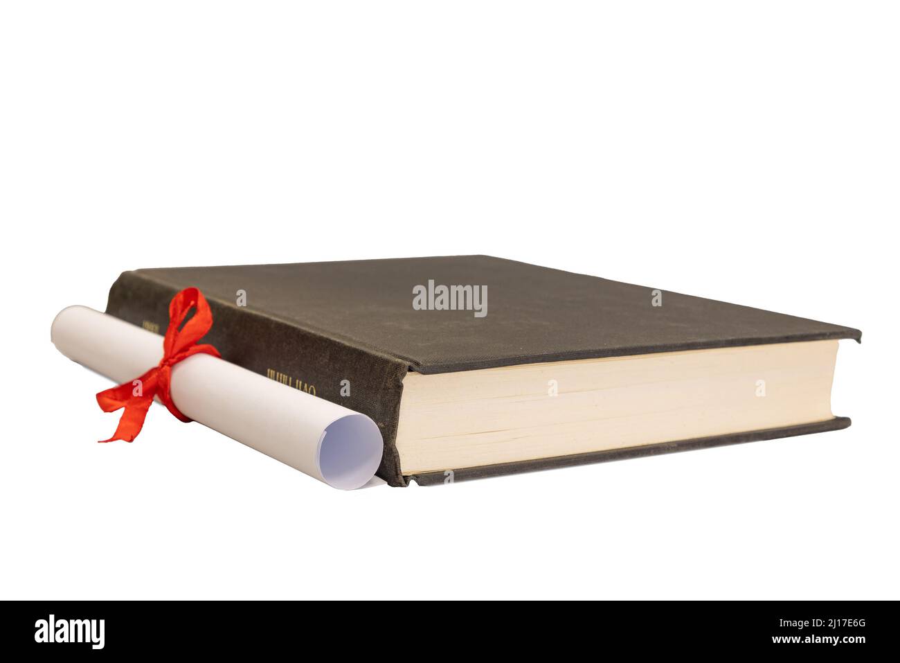 a PhD thesis of dark grey cover with a diploma or certificate, isolated ...