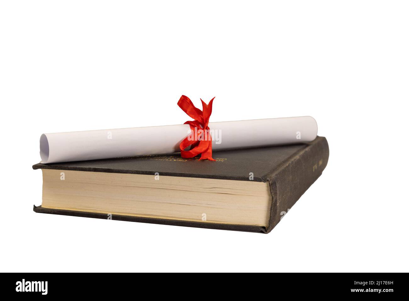 a PhD thesis of dark grey cover with a diploma or certificate, isolated ...