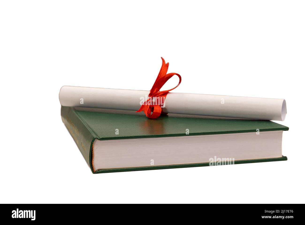 a PhD thesis of green cover with a diploma or certificate, isolated on ...