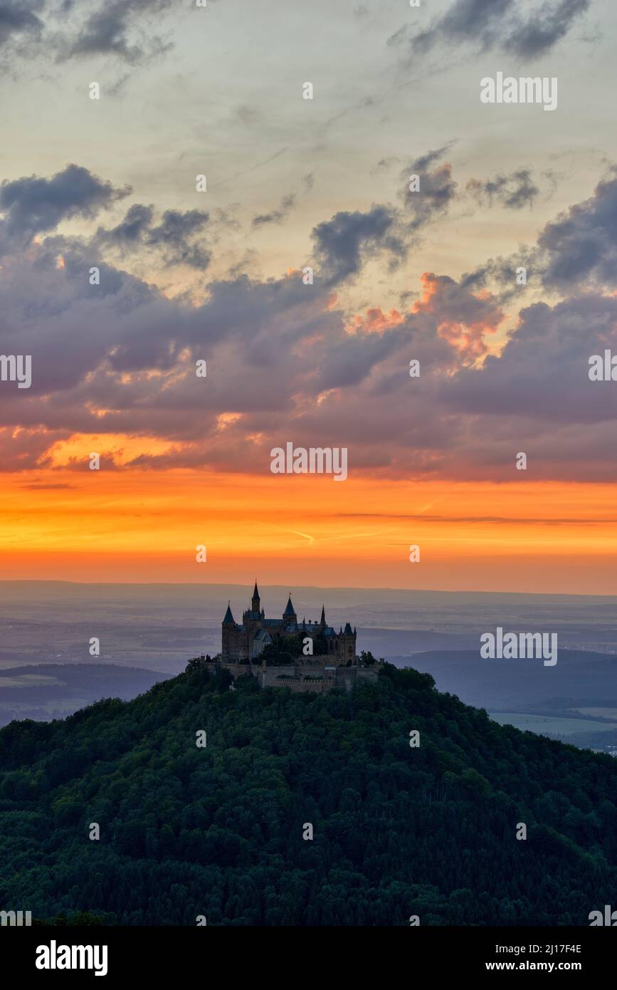 Germany, Baden-Wurttemberg, Hechingen, View of Hohenzollern Castle at moody sunset Stock Photo ...