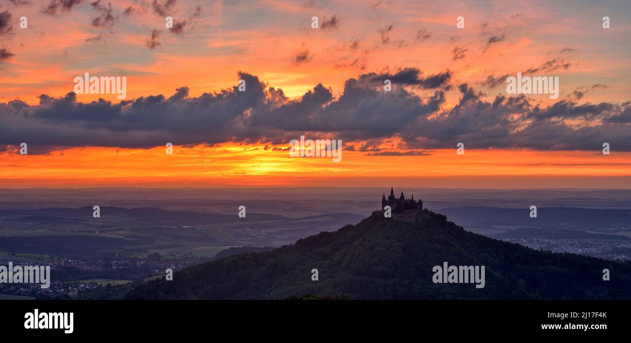 Germany, Baden-Wurttemberg, Hechingen, Silhouette of Hohenzollern Castle at moody sunset Stock ...