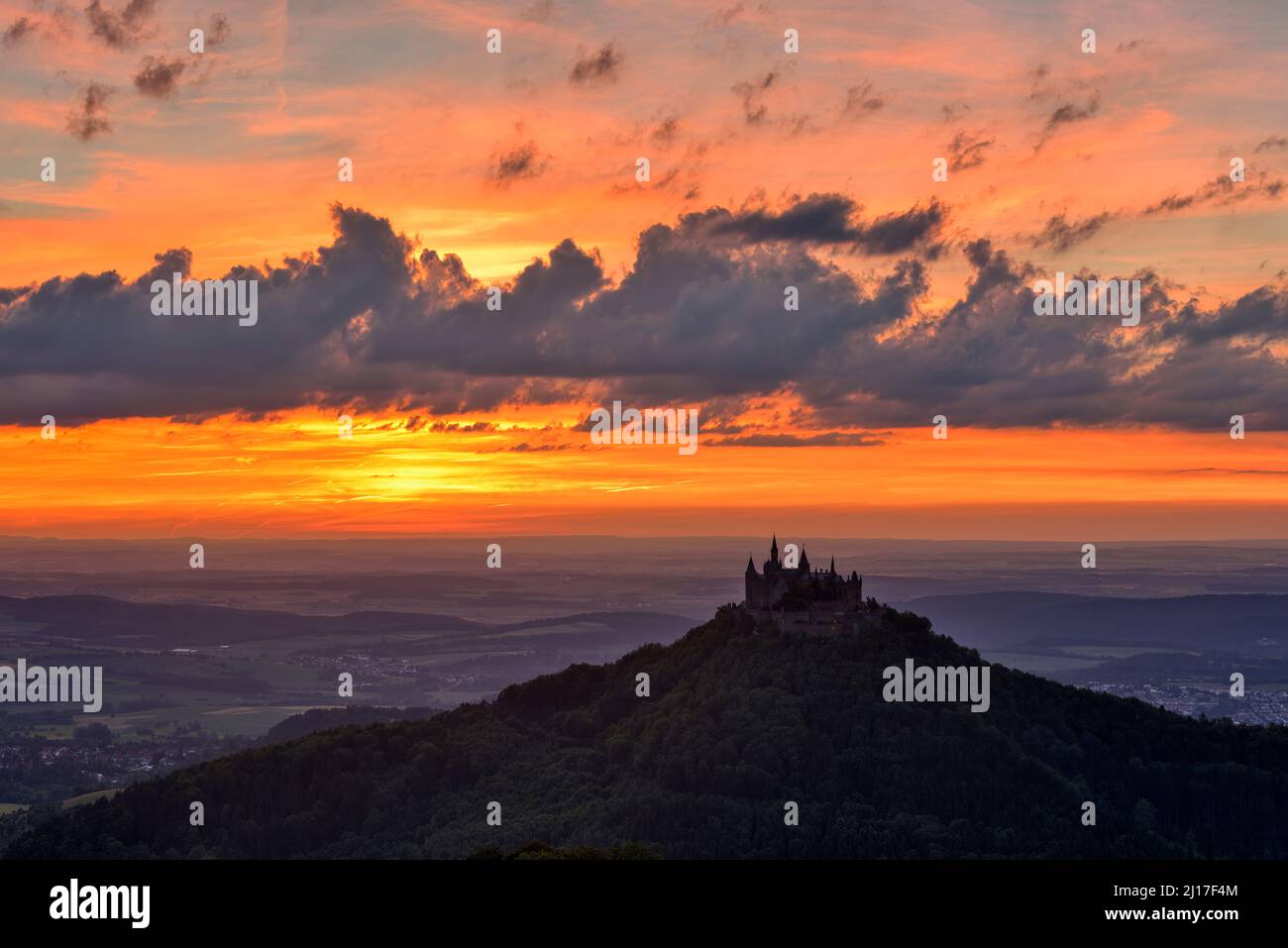 Germany, Baden-Wurttemberg, Hechingen, Silhouette of Hohenzollern Castle at moody sunset Stock ...