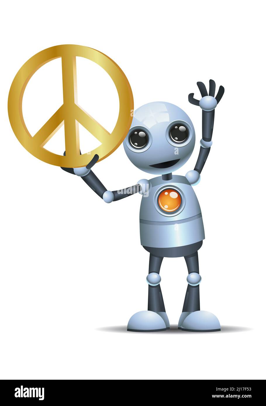 3D illustration of a little robot hold peace sign on isolated white ...