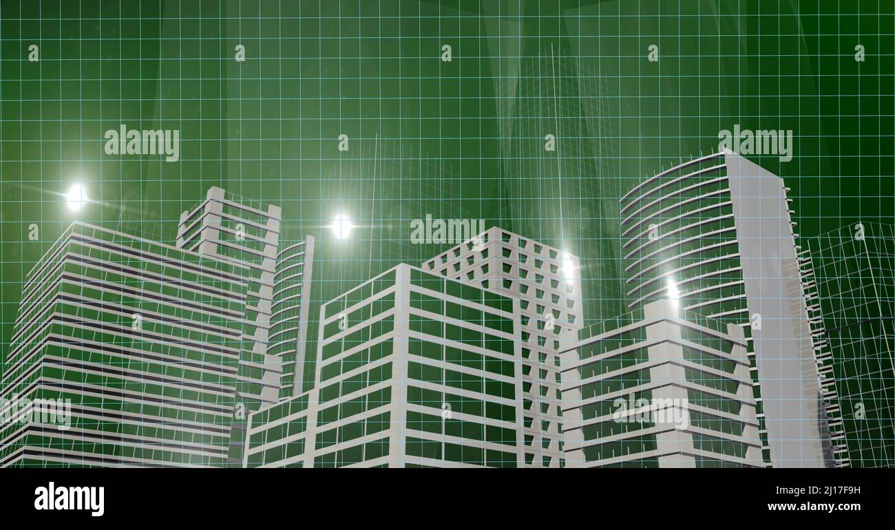 Spots of lights over 3d city model against green background Stock Photo ...