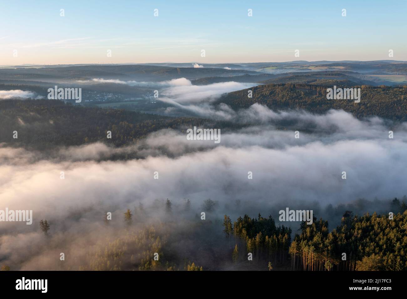 Aerial view of Bleiloch Reservoir shrouded in thick morning fog Stock ...