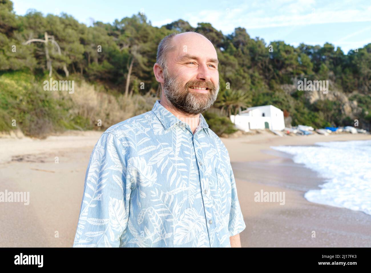 Smiling man day dreaming at beach Stock Photo - Alamy