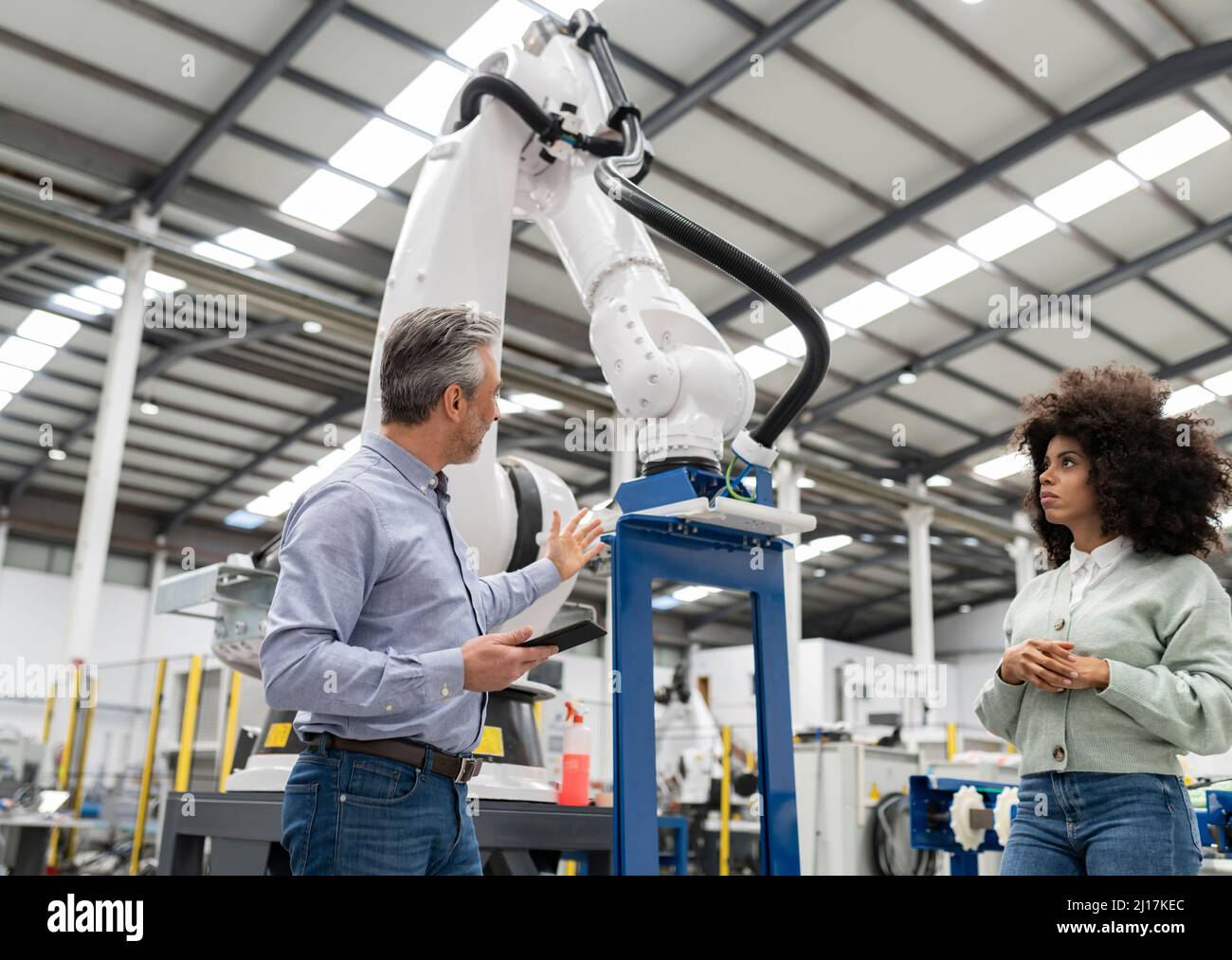Engineer having discussion about robotic arm in factory Stock Photo - Alamy
