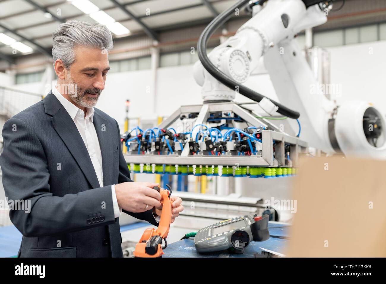 Engineer examining robotic arm model in factory Stock Photo - Alamy