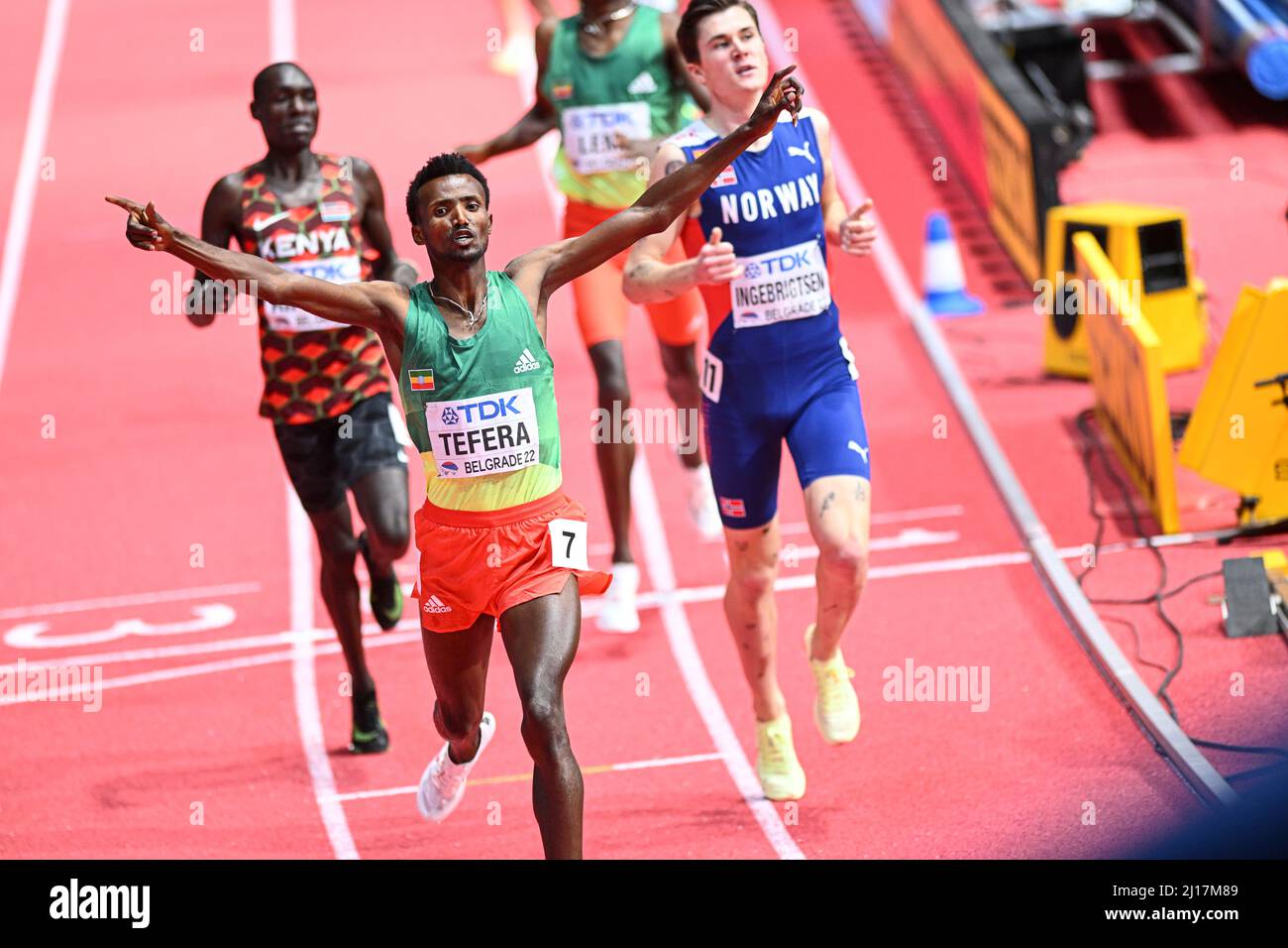 Samuel Tefera winning the 1500 meters at the 2022 Belgrade Indoor World ...