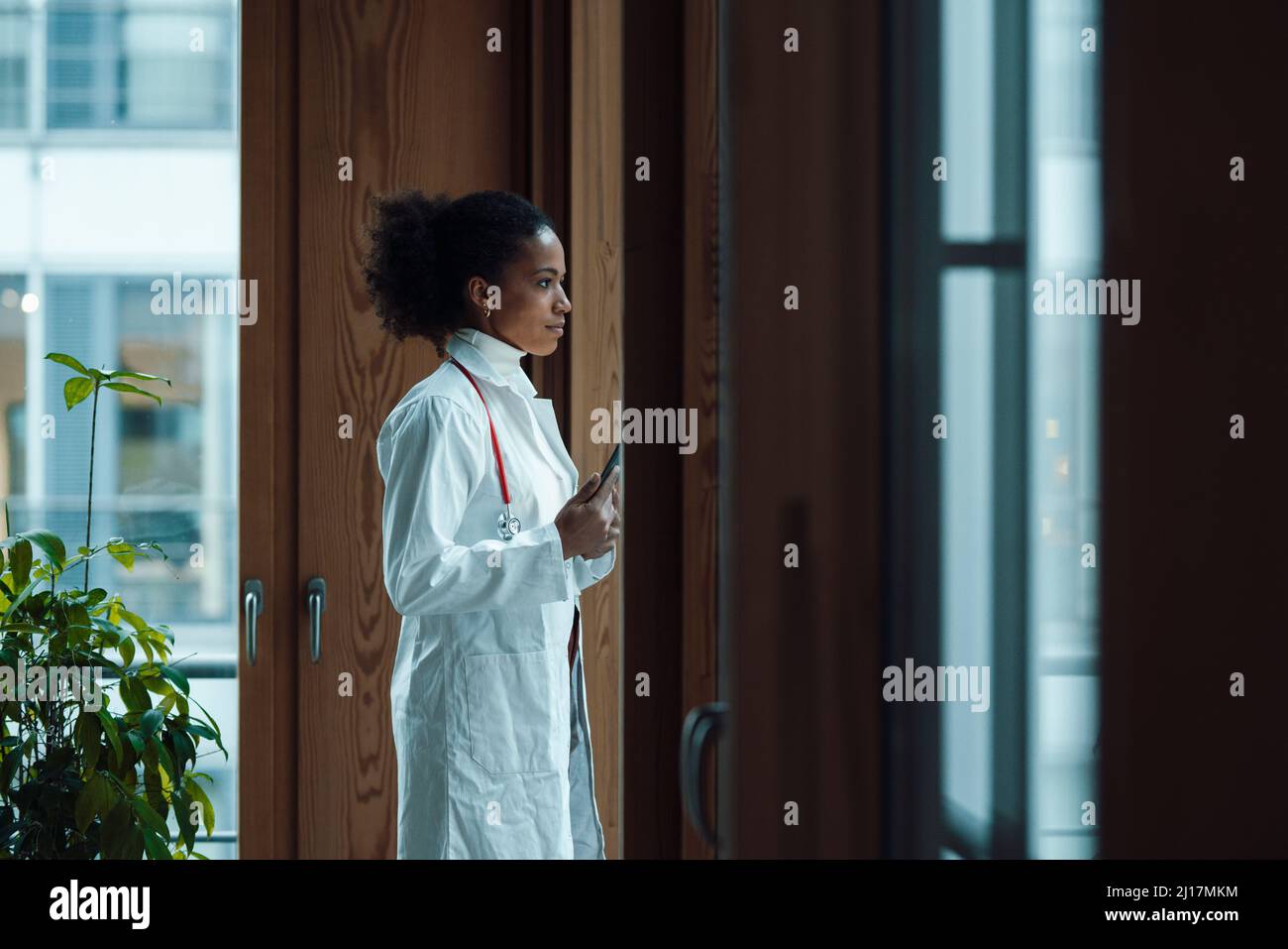 Thoughtful doctor looking through window of hospital Stock Photo - Alamy