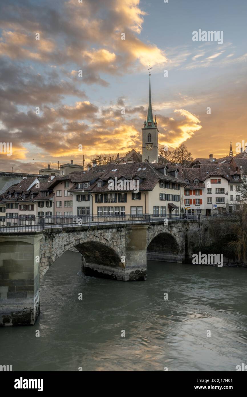 Switzerland, Canton of Bern, Bern, Untertor Bridge at dusk with bell ...