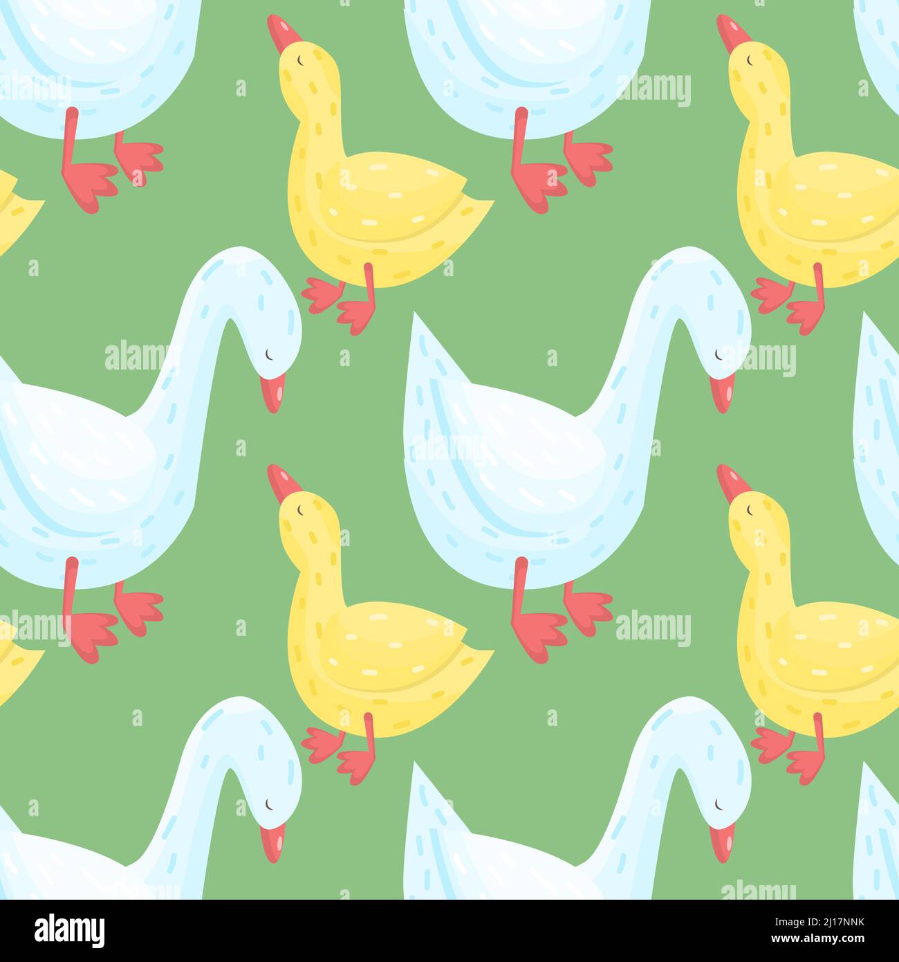 Mother and baby goose seamless pattern on green background. Cute bird ...