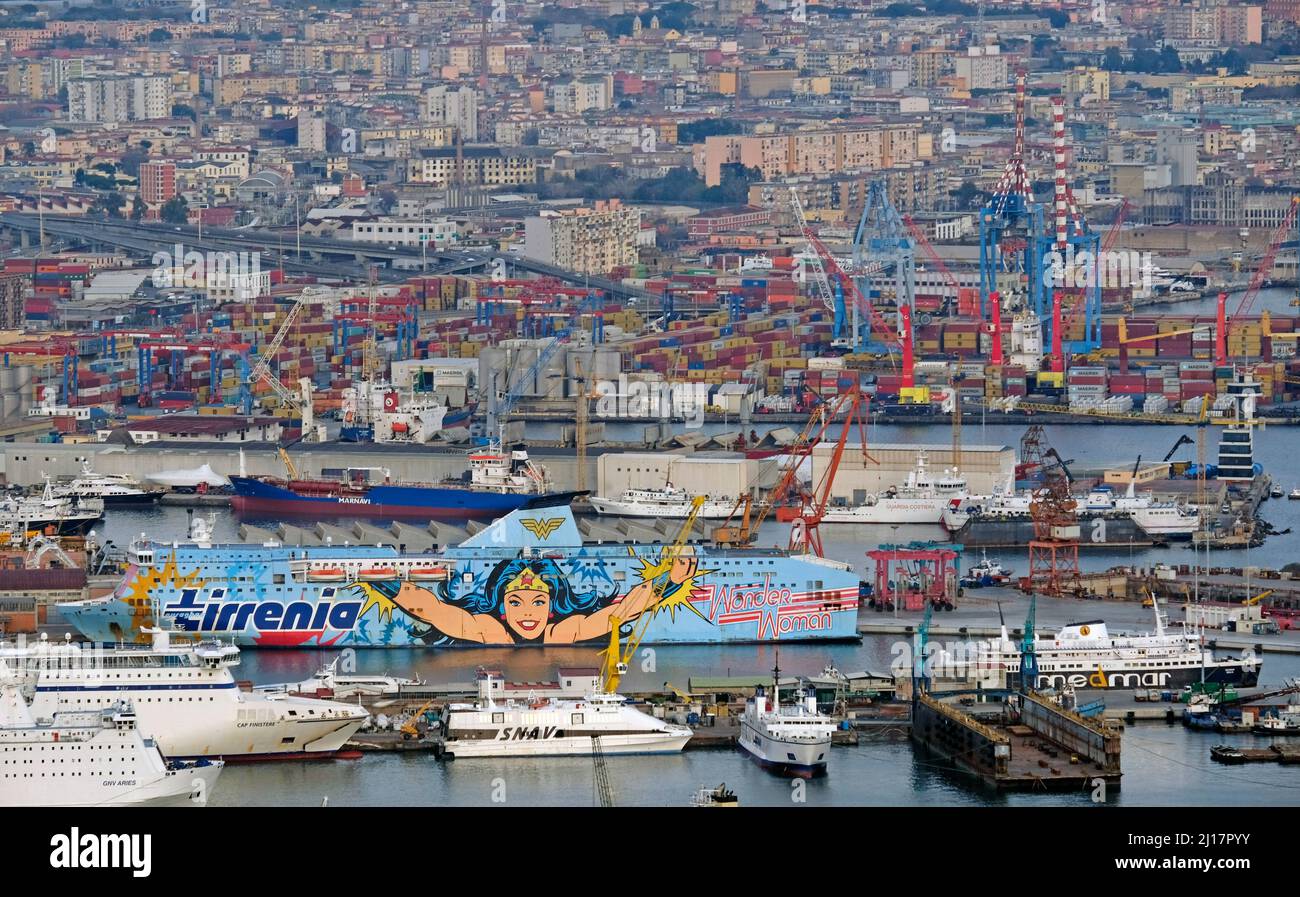 20 March 2022: Aerial view over the port of Naples, Italy, with ships ...