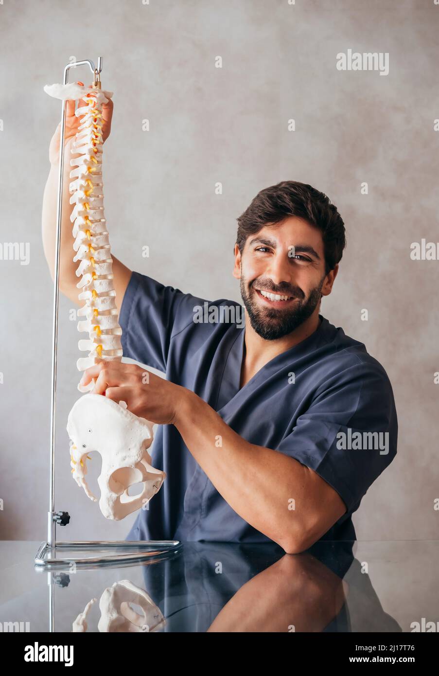 Smiling physiotherapist holding human spine model Stock Photo - Alamy