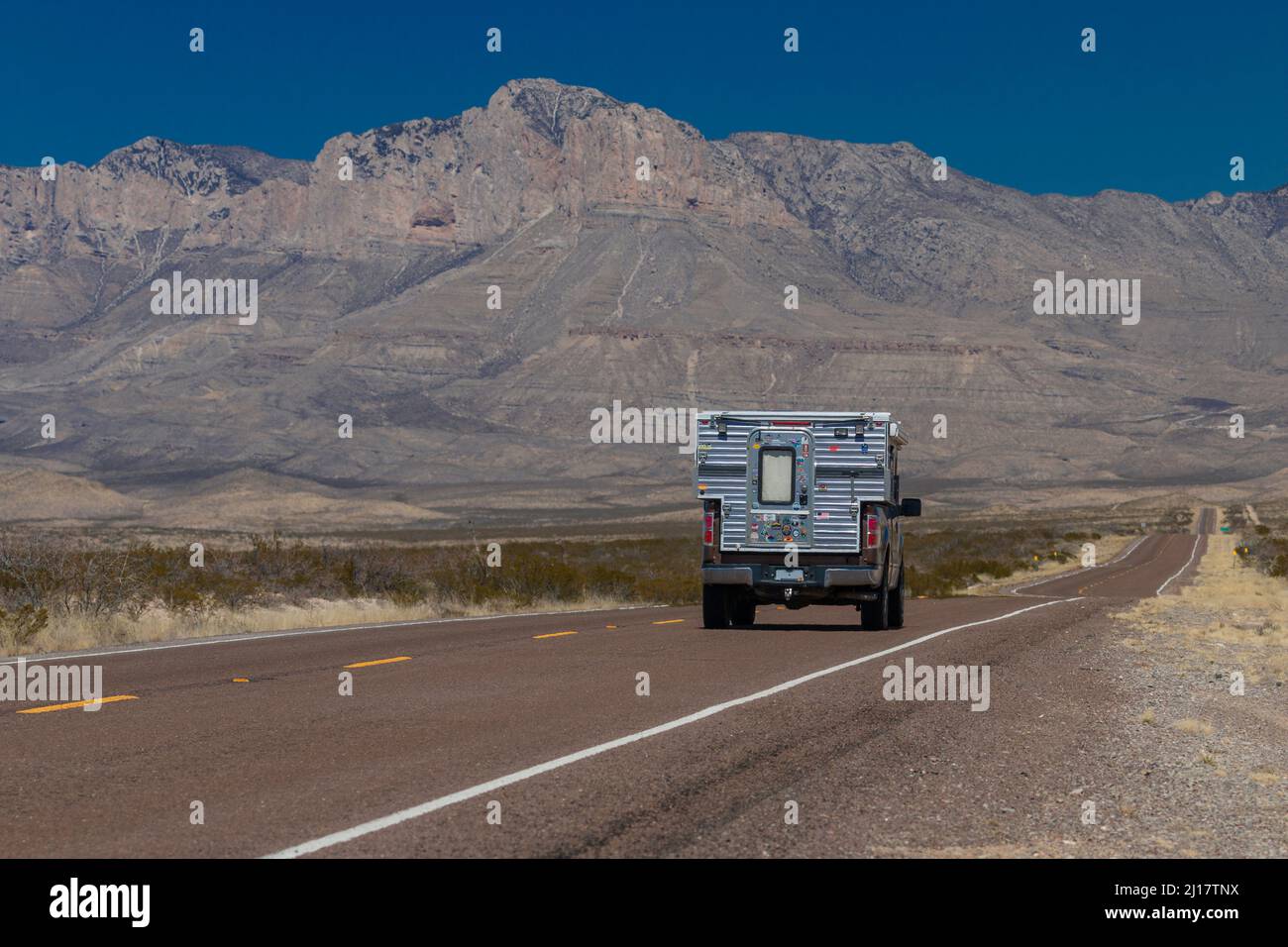 Campers driving toward Guadalupe Mountains National Park in northwest ...