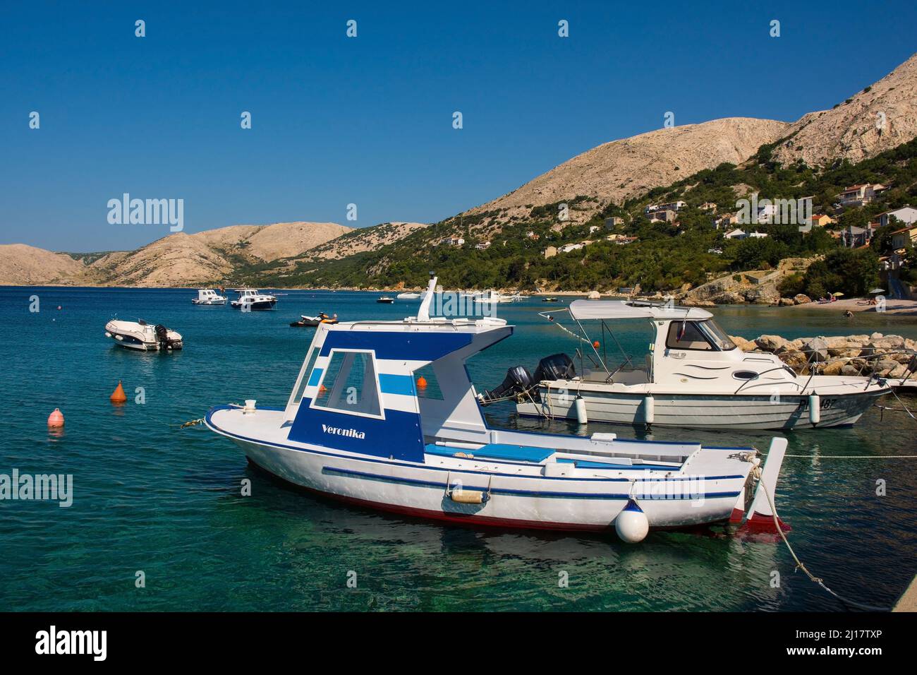 Stara Baska, Croatia - 6th September 2021. Boats moored at the coastal ...