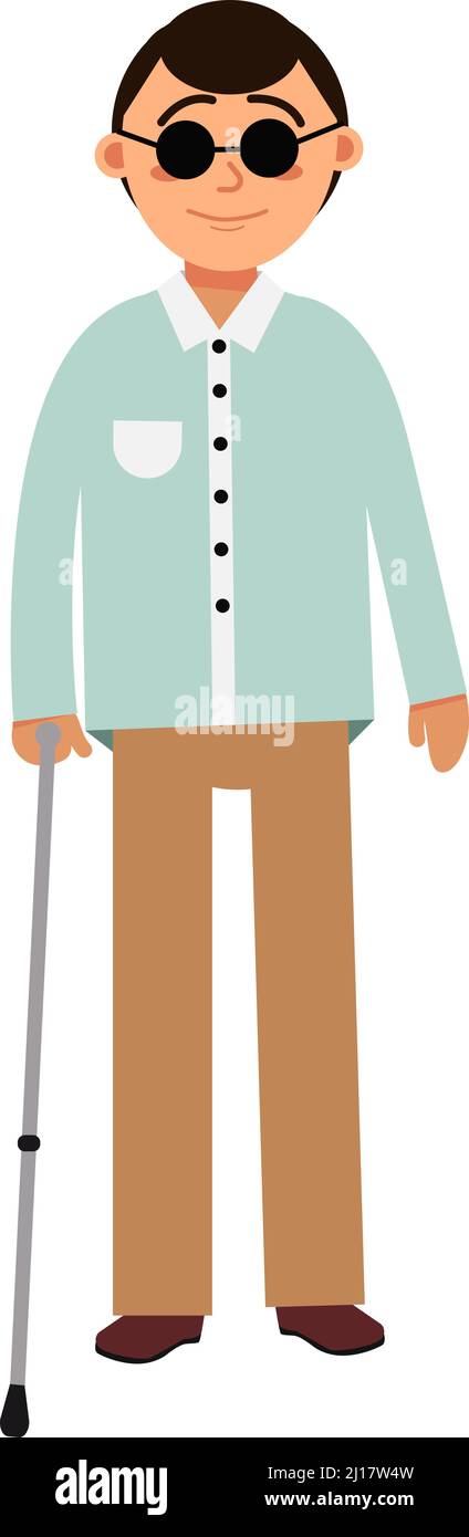 Blind man with walking cane. Disabled person in black sunglasses with ...