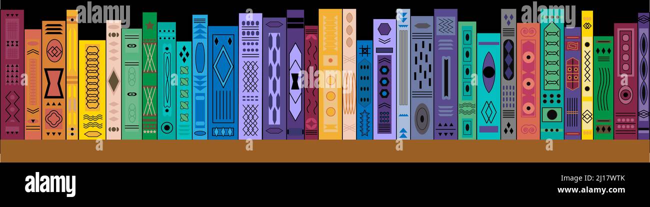 Wooden bookcase with colorful row of books. Bookshelves with ...