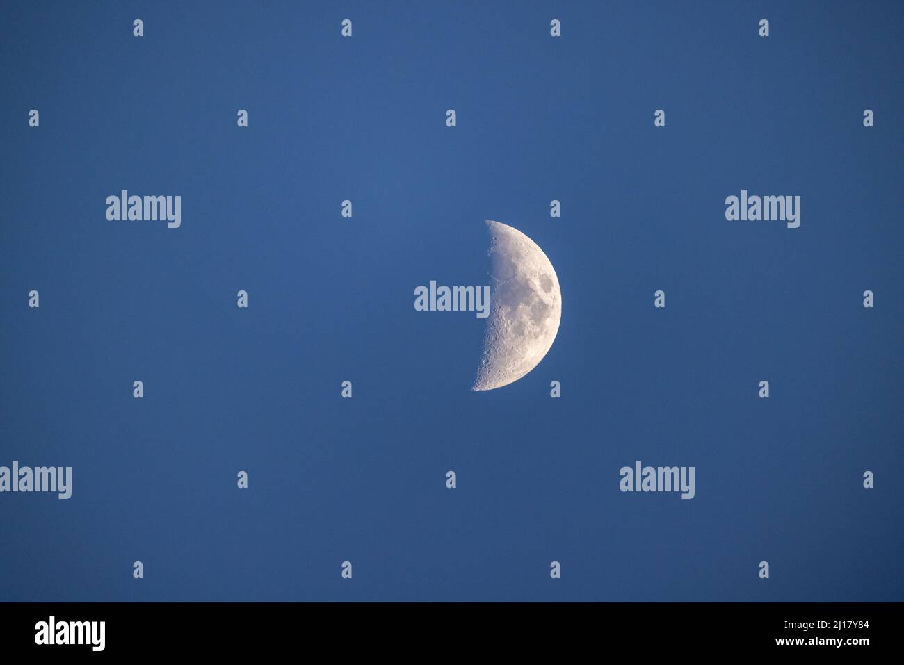 Half moon or waning moon with blue sky. The majestic moon, clear sky ...