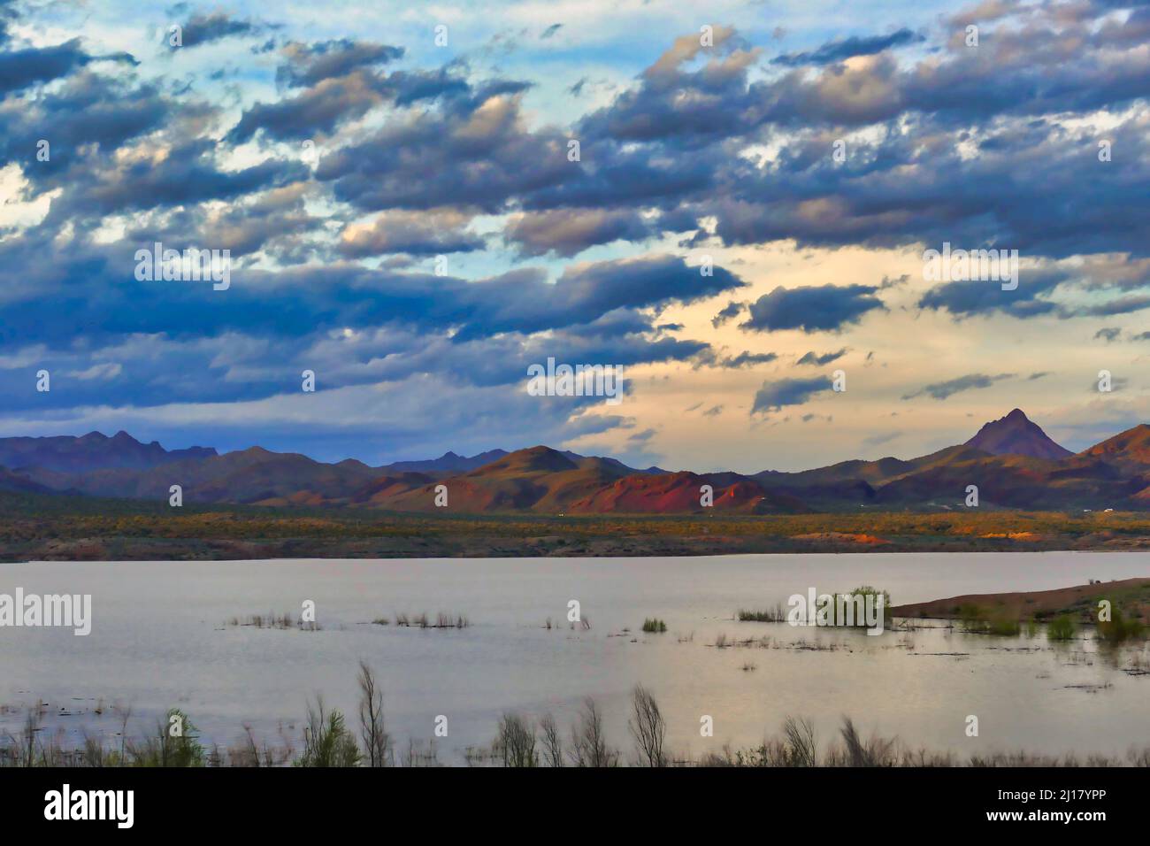 Sunset and cloudscape over Alamo Lake, Arizona, USA. The Rawhide ...