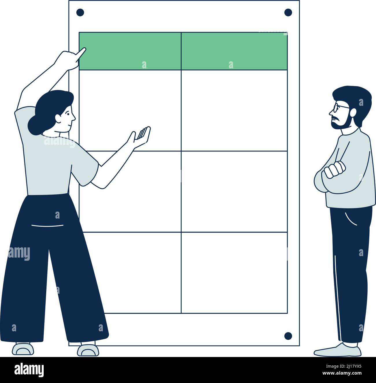 People discussing work schedule on giant planner page Stock Vector ...